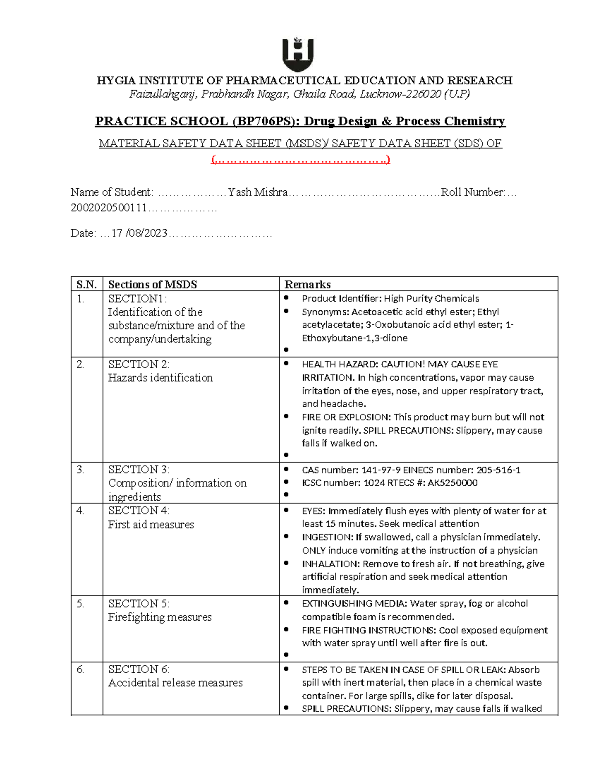 BP706PS: MSDS for Drug Design Process Chemistry - Studocu