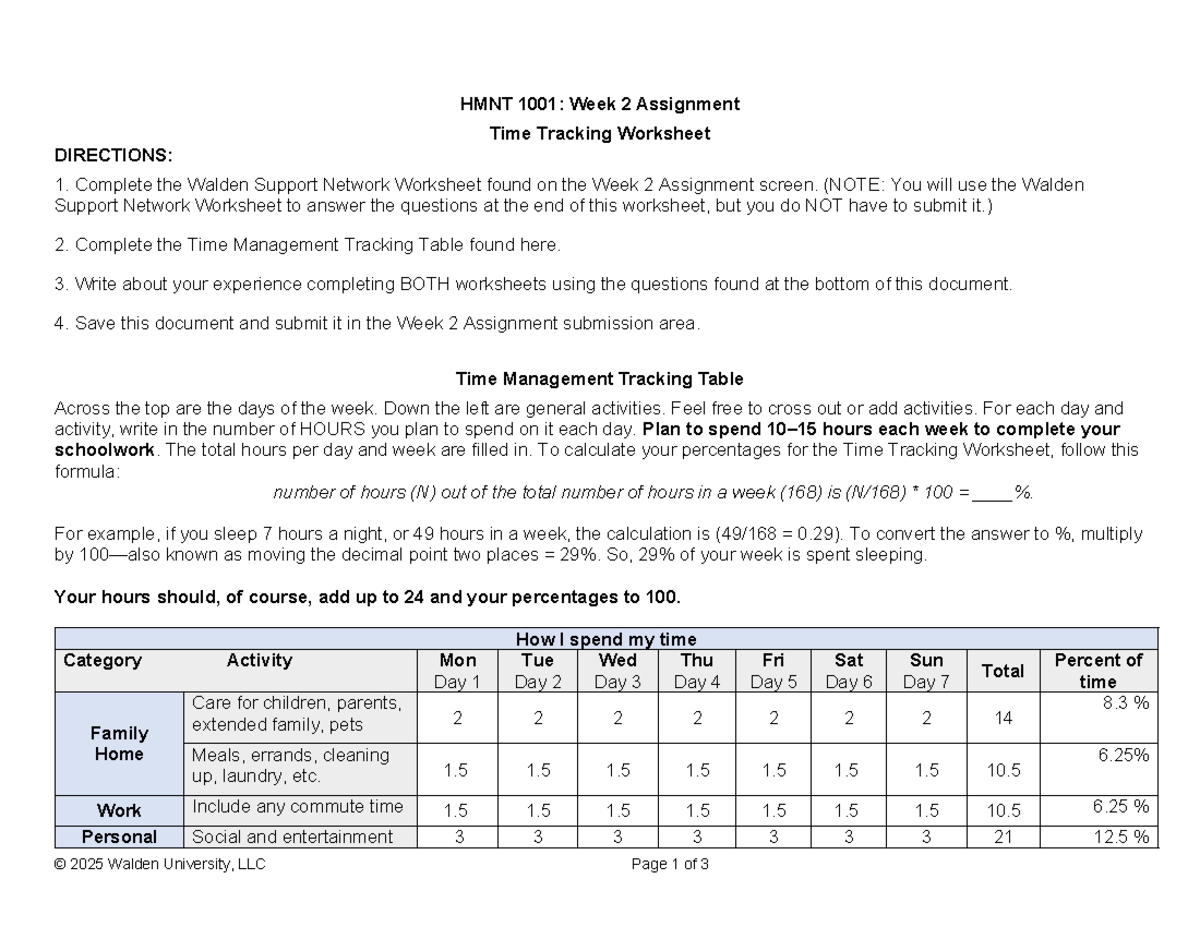 HMNT 1001: Week 2 Time Tracking & Support Network Worksheet - Studocu