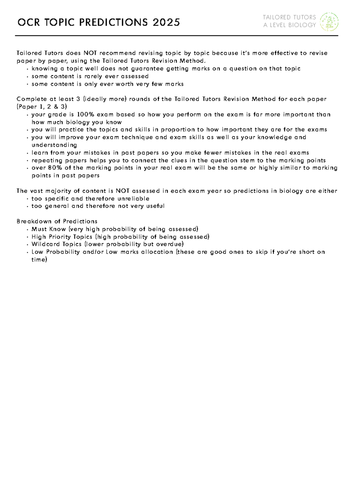 OCR A Level Biology Topic Predictions 2025 - Studocu