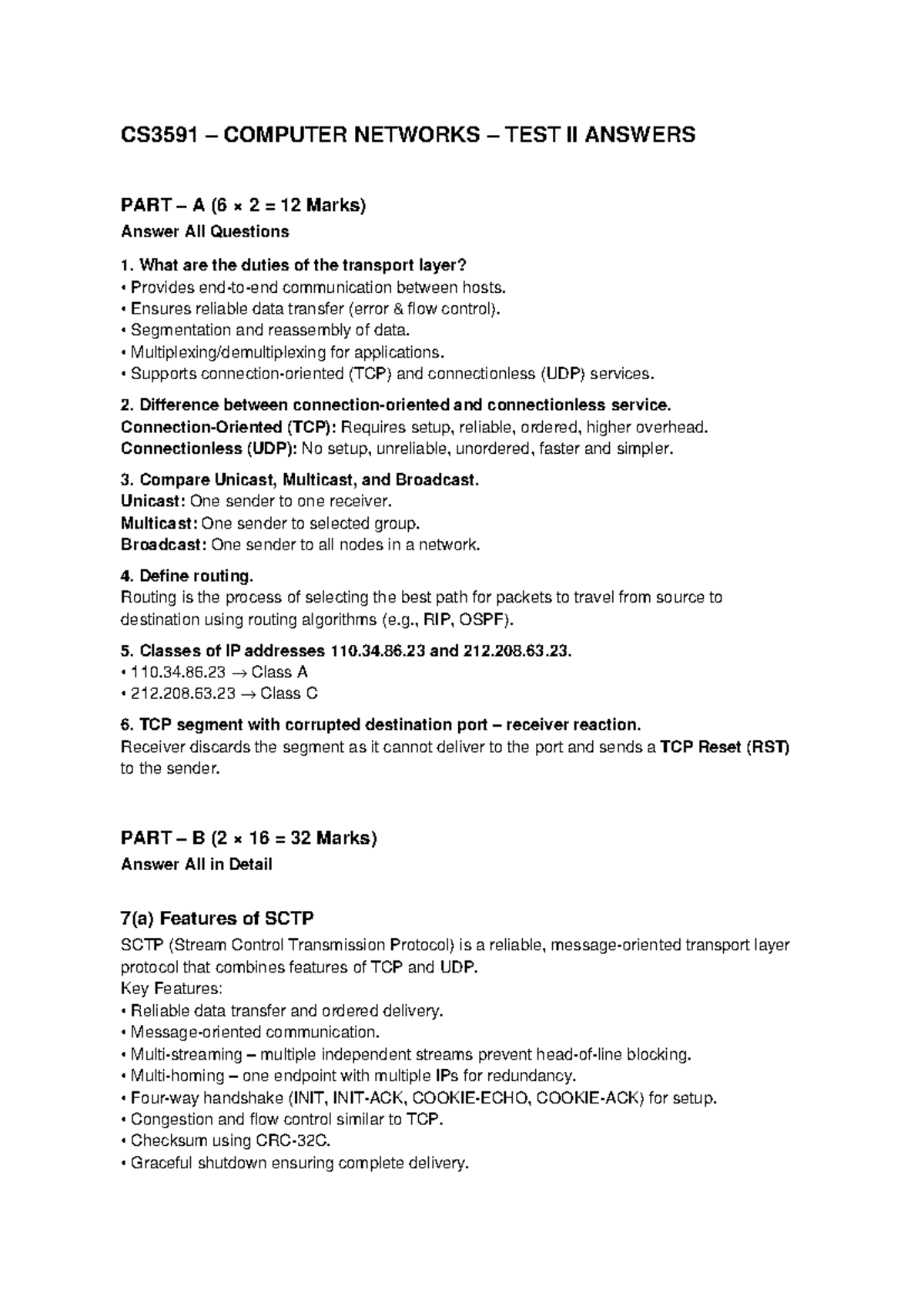 CS3591 Computer Networks Test II Detailed Answers and Explanations ...