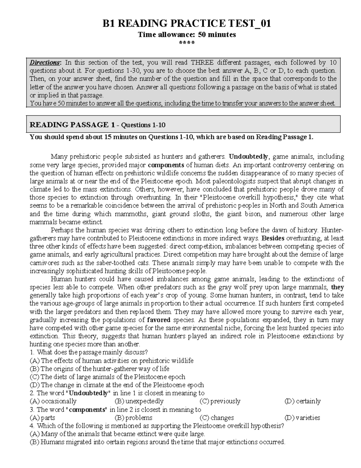 B1 READING PRACTICE TEST 01: Understanding Human Impact on Prehistoric ...