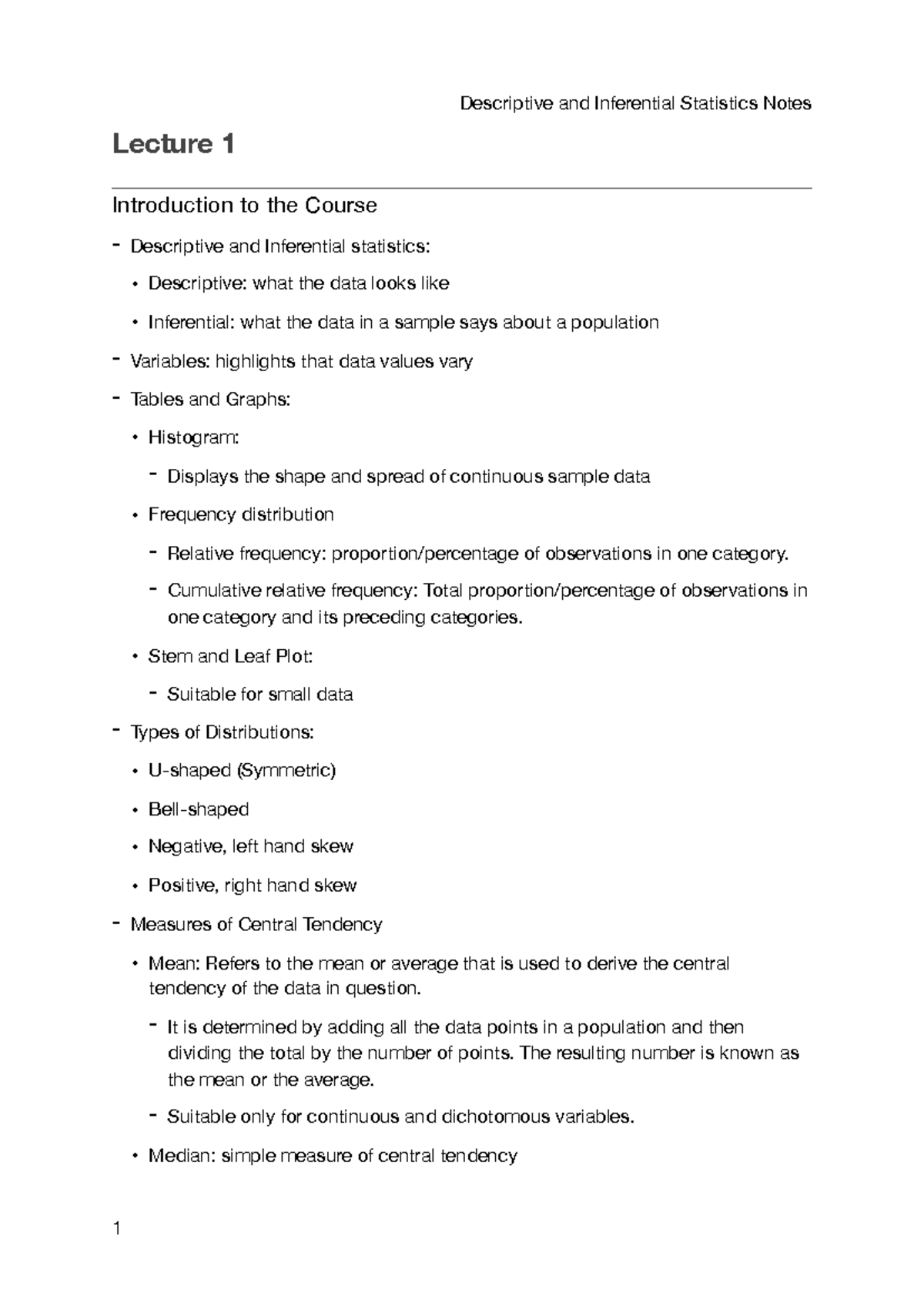 Descriptive and Inferential Statistics Notes - Studeersnel