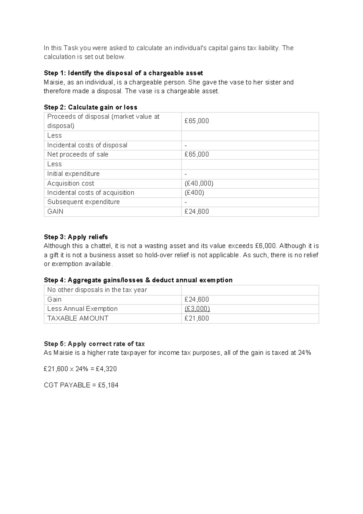 Prep Task 2: Capital Gains Tax Liability Calculation Guide - Studocu