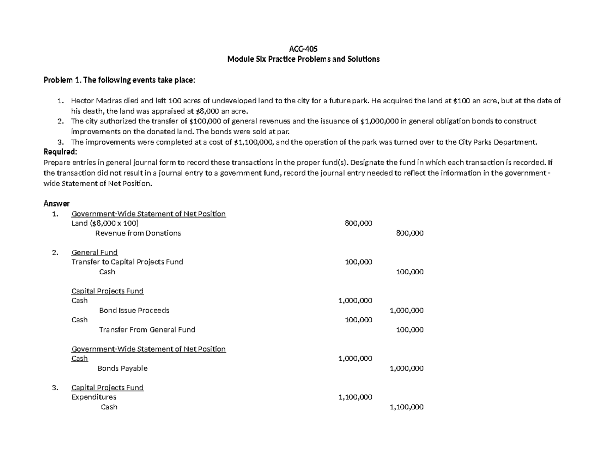 ACC- Module 6 Practice Problems & Solutions for Government Funds - Studocu