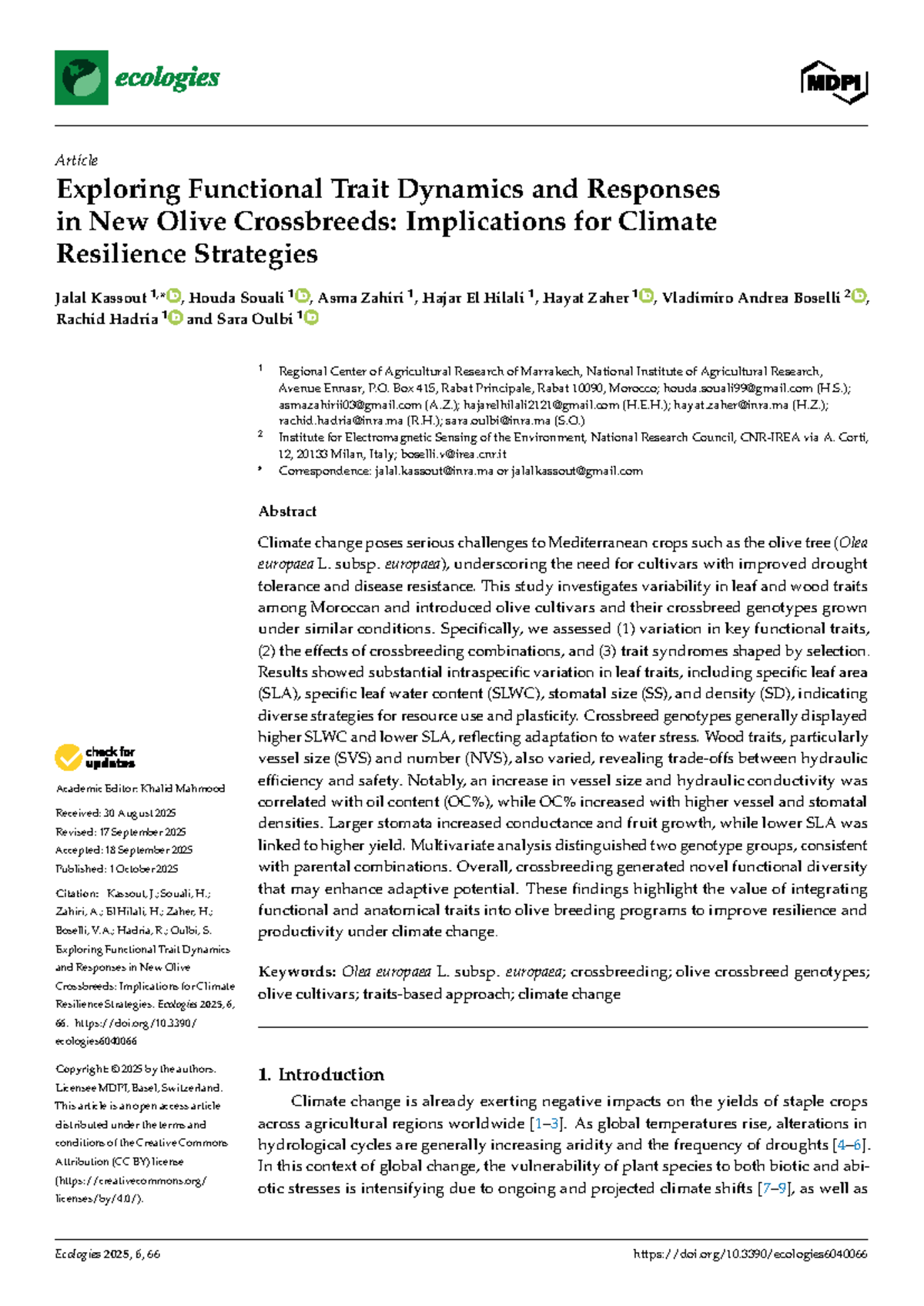 Functional Trait Dynamics in Olive Crossbreeds: Climate Resilience ...