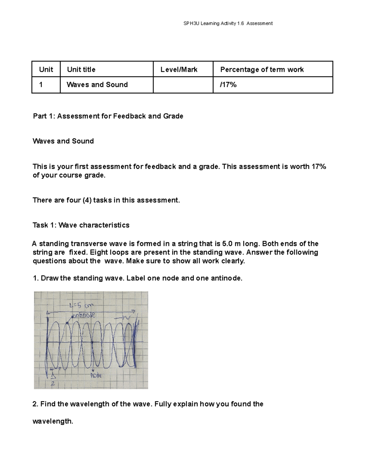 SPH3U Waves & Sound Graded Assessment - Learning Activity 1.6 - Studocu