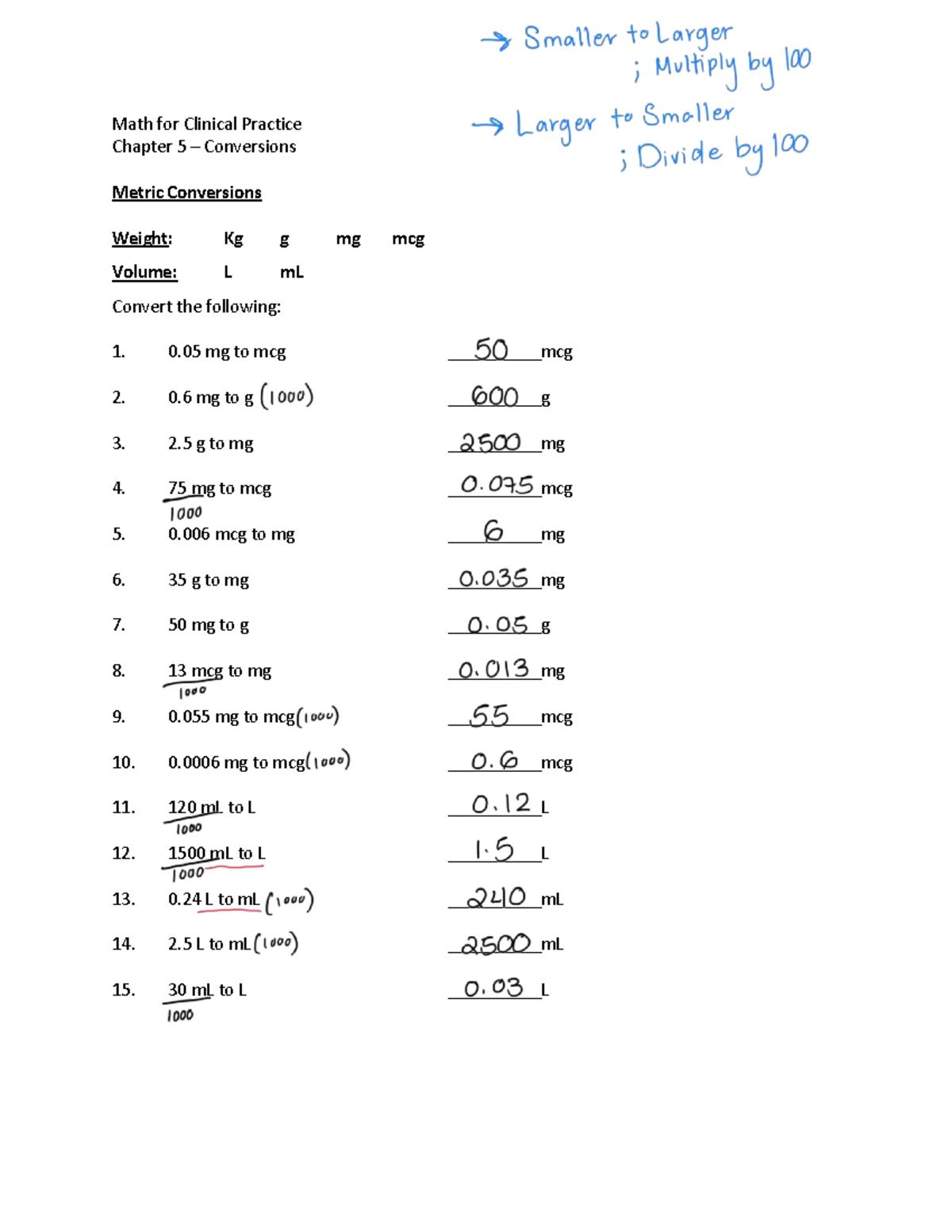 Math for Clinical Practice (NURS 101) Chapter 5 Metric Conversions ...