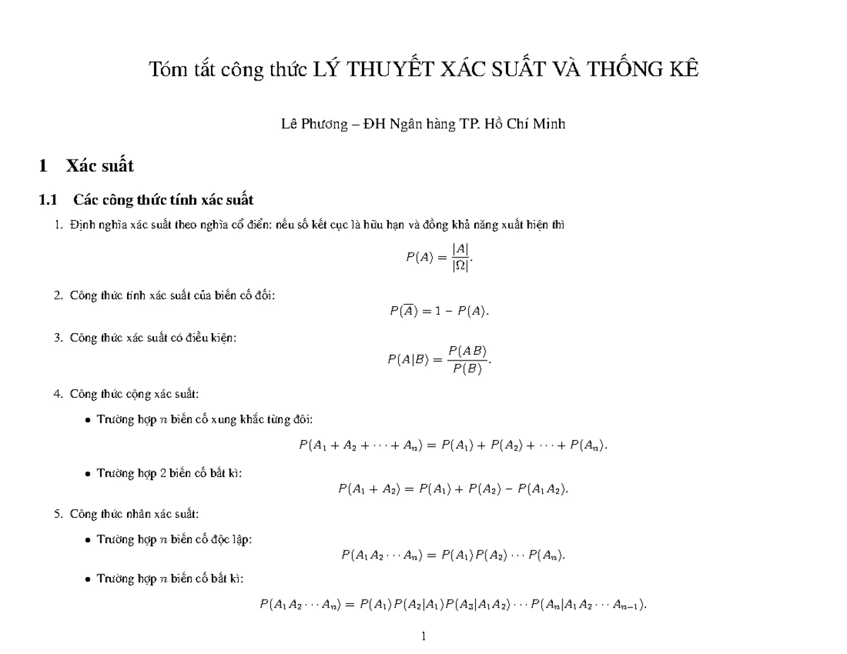 Tom tat cong thuc XSTK (Full) - Tóm tắt công thức LT Xác Suất - Thống Kê I. Phần Xác Suất Xác ...
