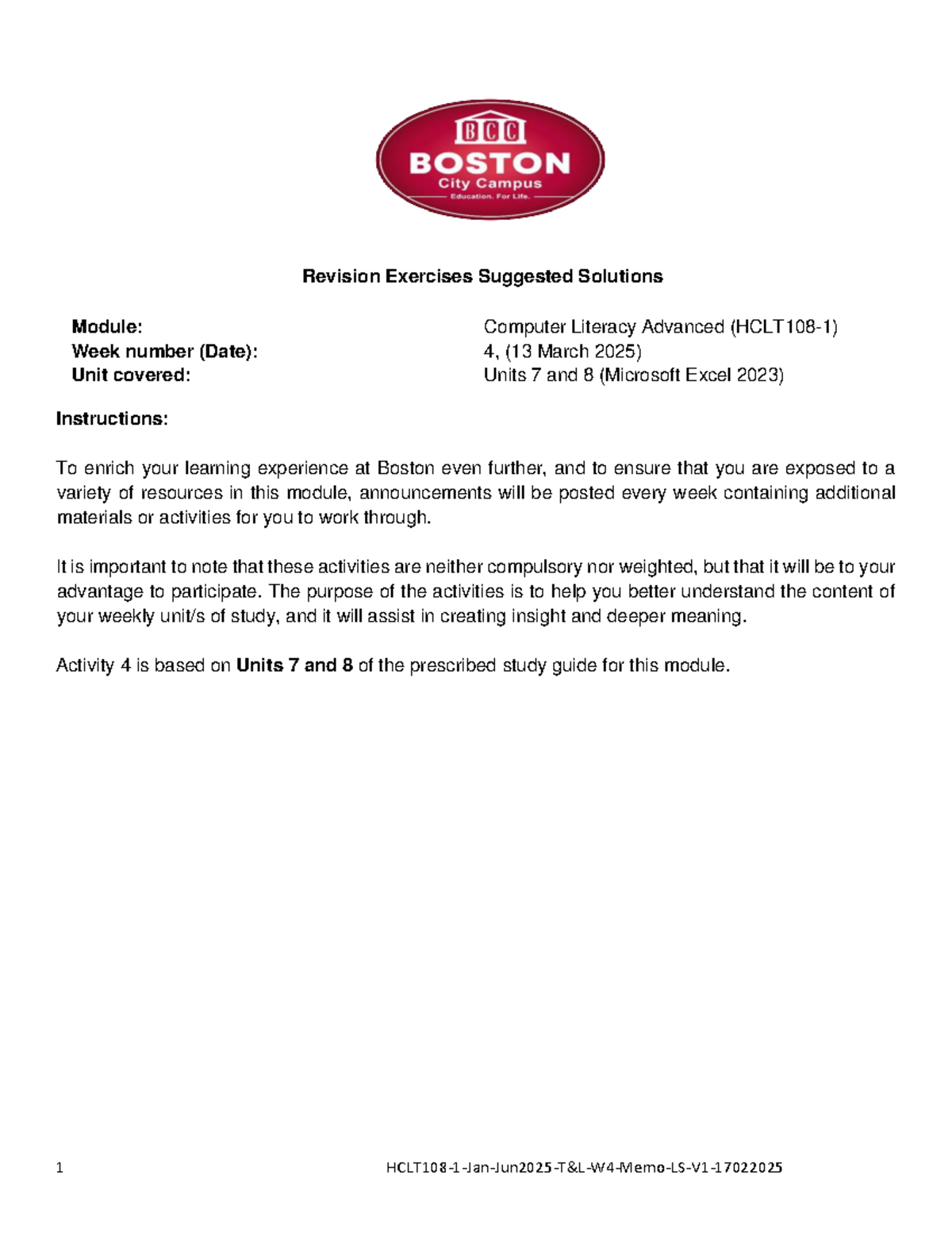 HCLT108 Computer Literacy Adv. Week 4 Revision Exercises & Solutions ...