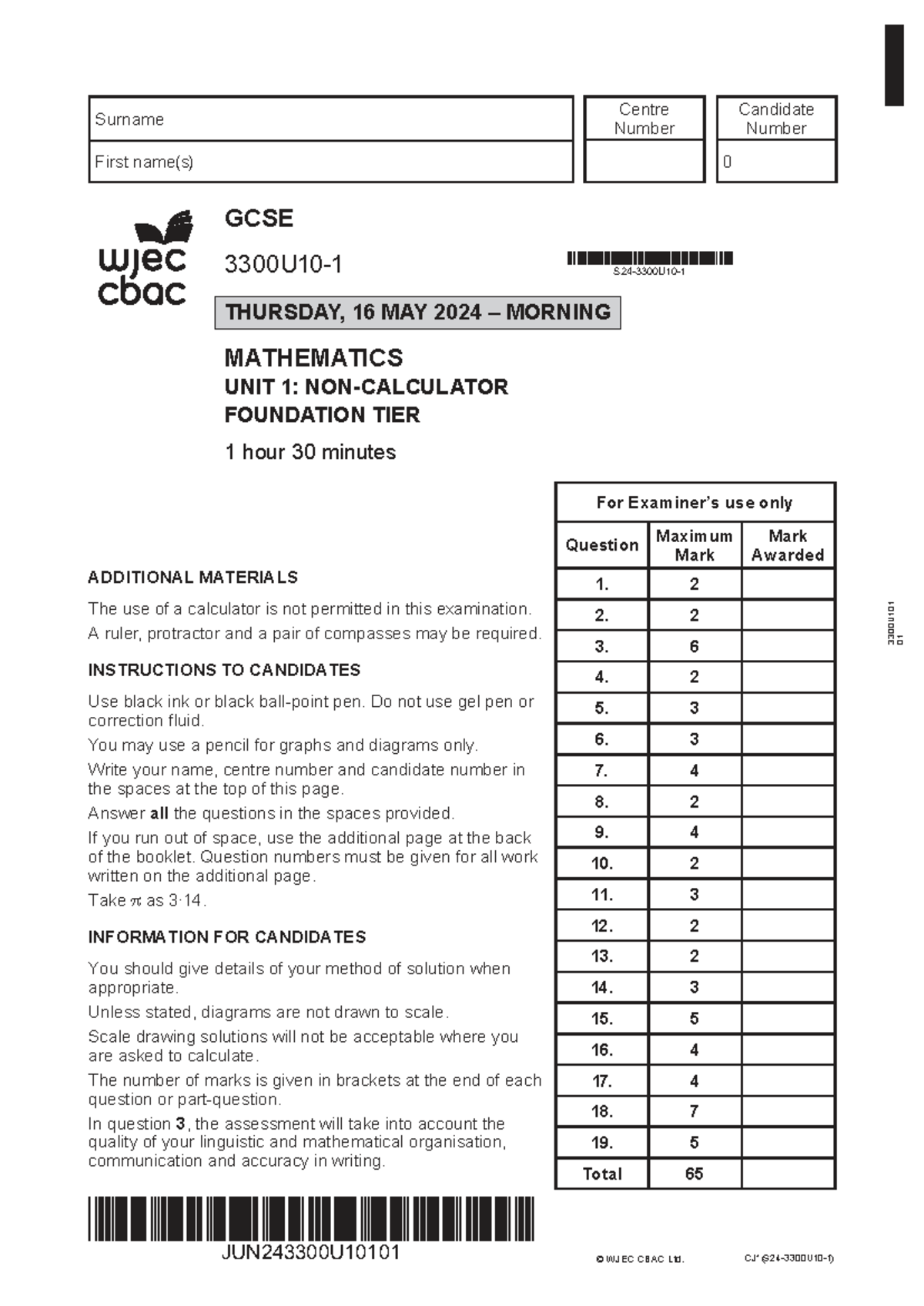 GCSE Mathematics Unit 1: Foundation Tier Revision Material S24-3300U10 ...