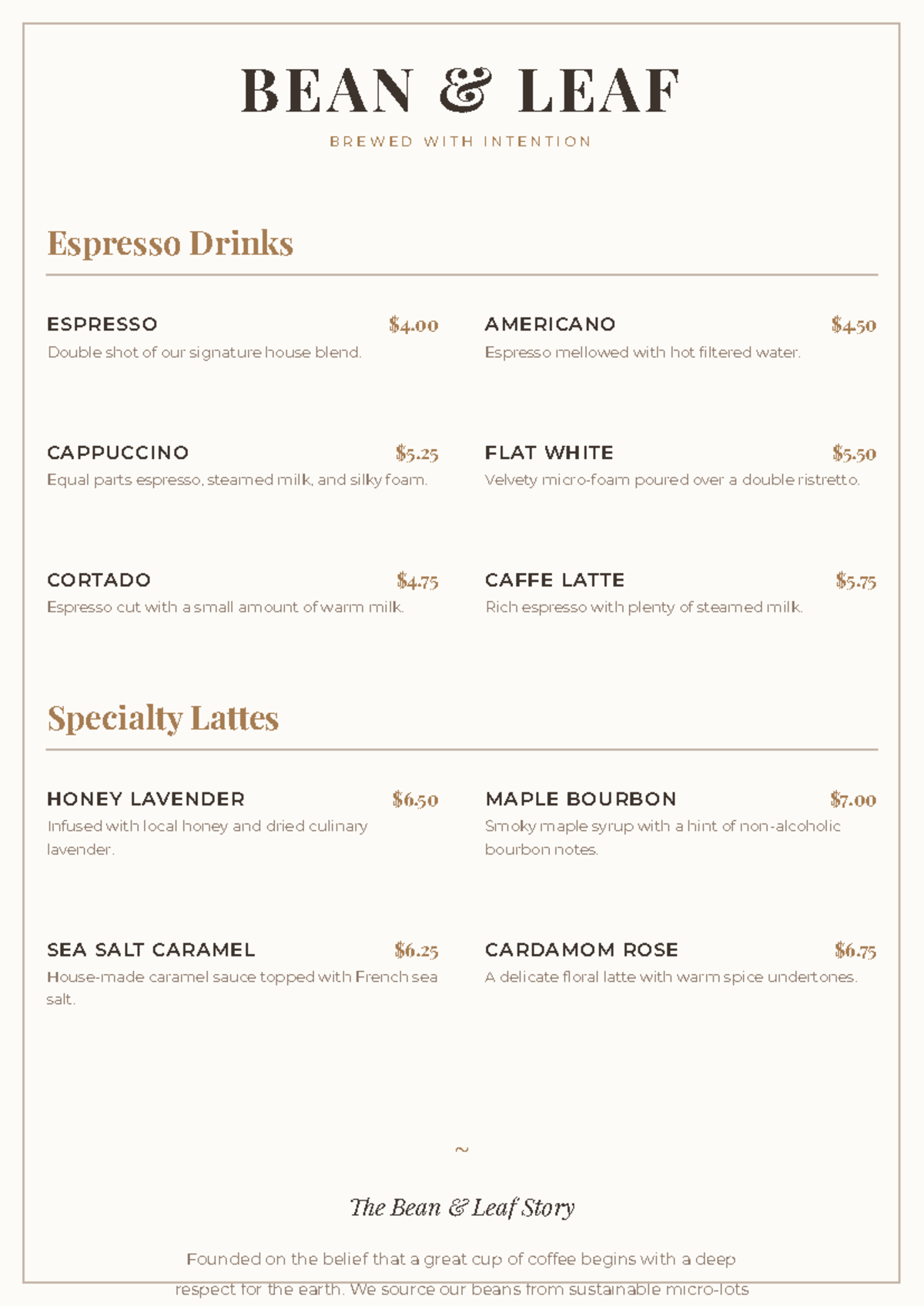 Bean Leaf Menu: Espresso Drinks & Specialty Lattes Guide - Studocu