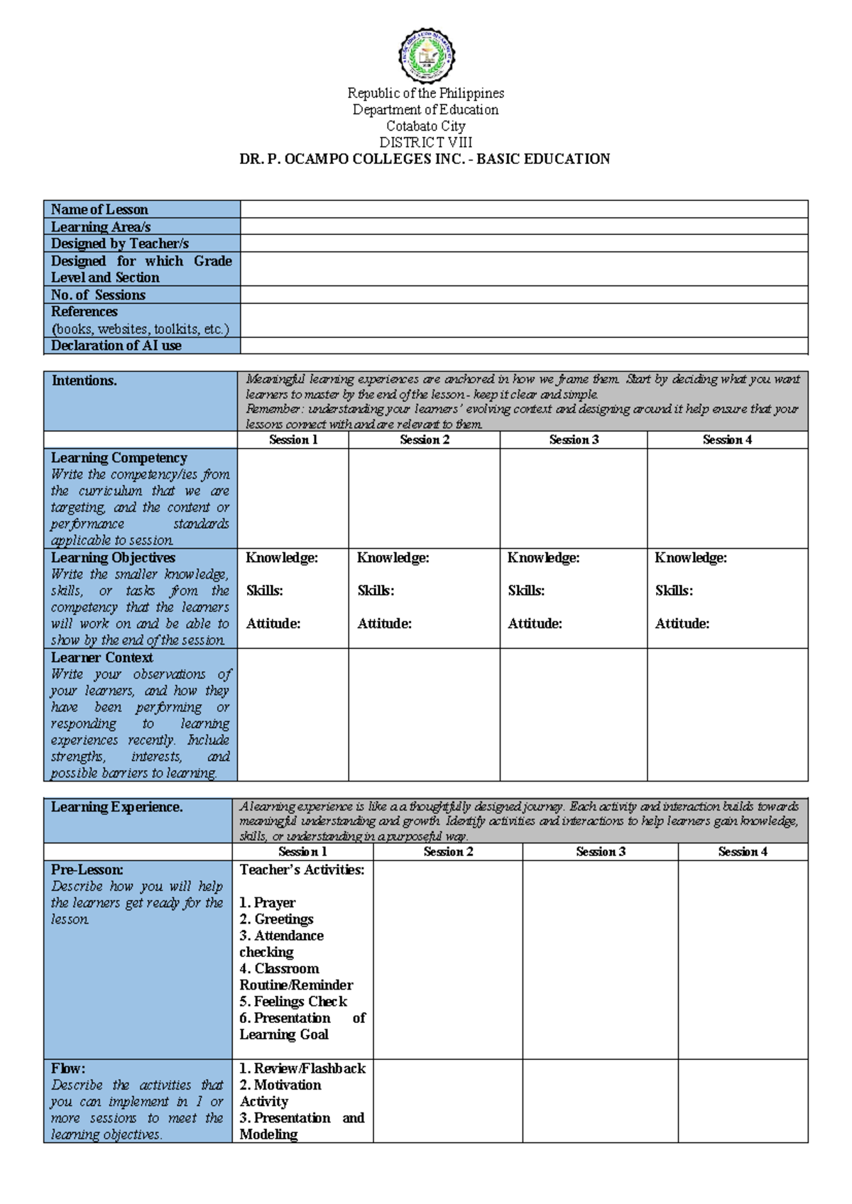 ILAW-LP-Template: Lesson Plan Design for Basic Education - Studocu