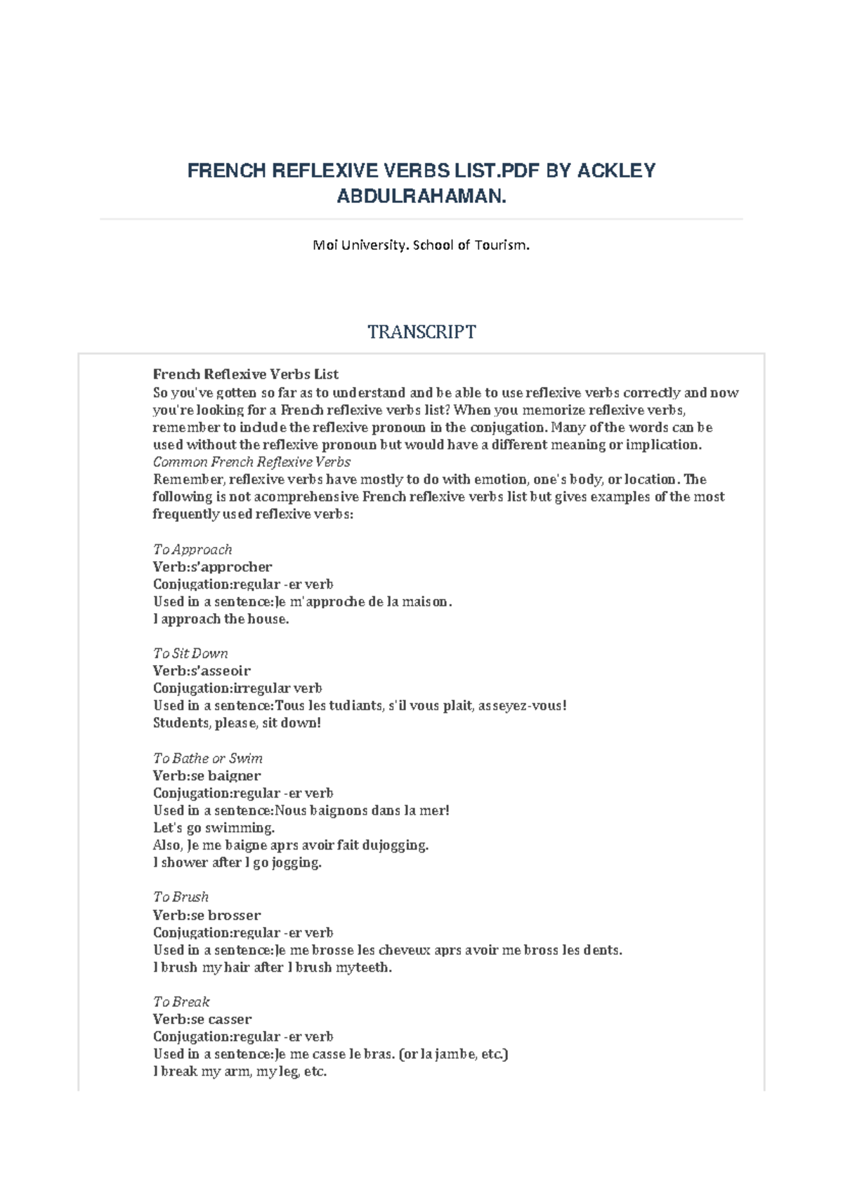French Reflexive Verbs List - Comprehensive Guide by Ackley - Studocu