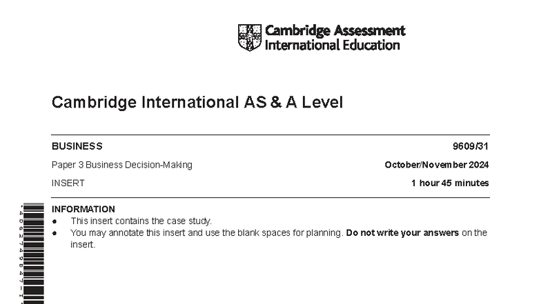 Cambridge International AS A Level BUSINESS 9609/31 Case Study 2024 ...