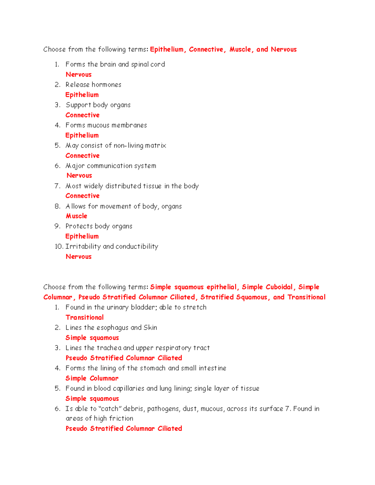 Matching Tissues: Epithelium, Connective, Muscle, Nervous - Studocu