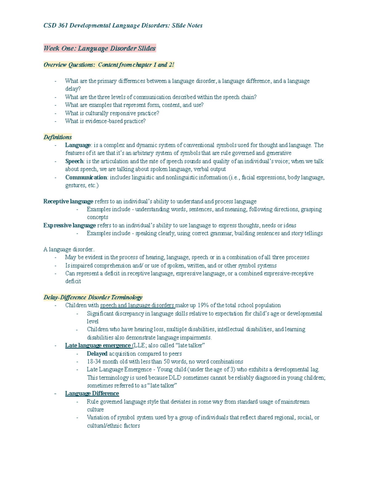 CSD 361 Developmental Language Disorders: Comprehensive Slide Notes ...