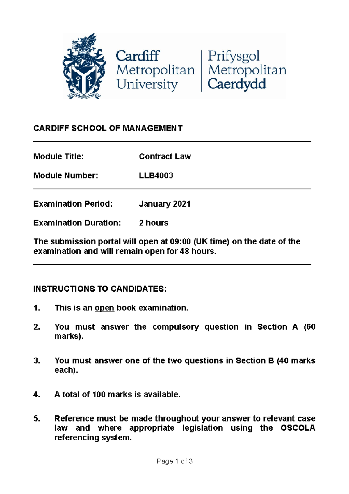 Contract Law Exam - CARDIFF SCHOOL OF MANAGEMENT - Studocu