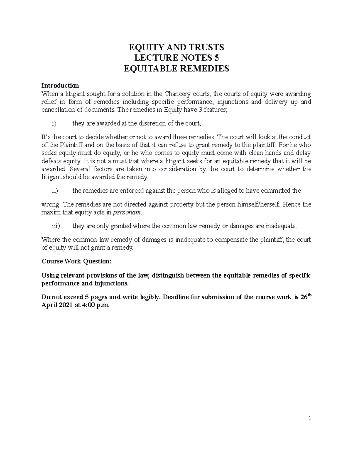 Equity 5: Comprehensive Notes on Equitable Remedies and Specific ...
