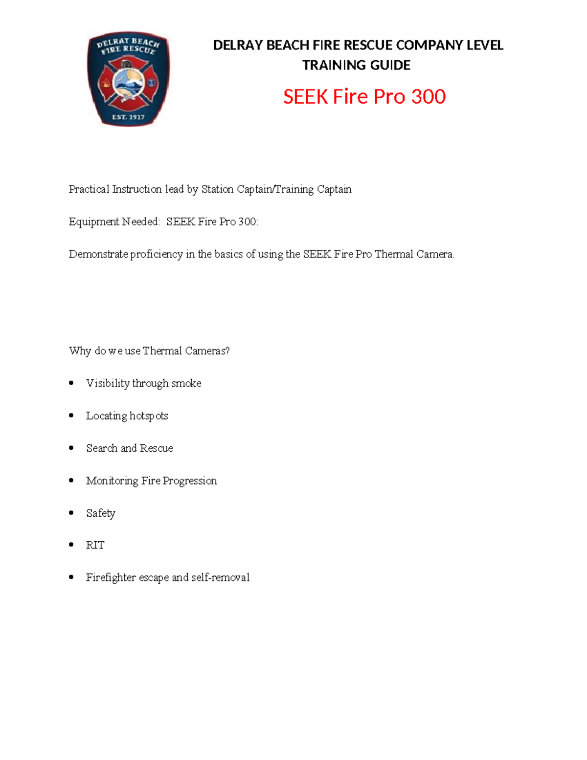 DELRAY BEACH FIRE RESCUE: SEEK Fire Pro 300 Training Guide - Studocu
