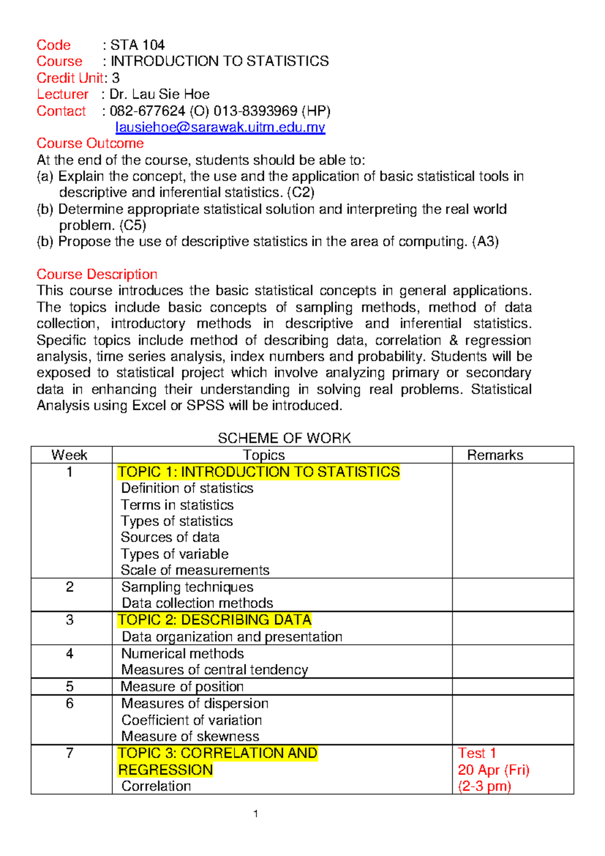 Topic 1 STA 104 (Small Font)(Student copy) - Code : STA 104 Course ...