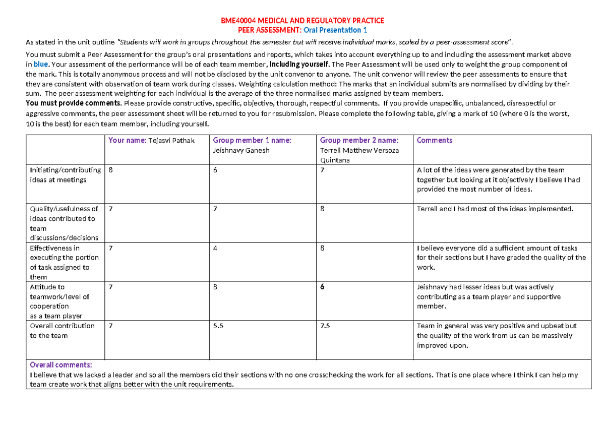 BME40004 Peer Assessment Sheet for Oral Presentation 1 - Studocu