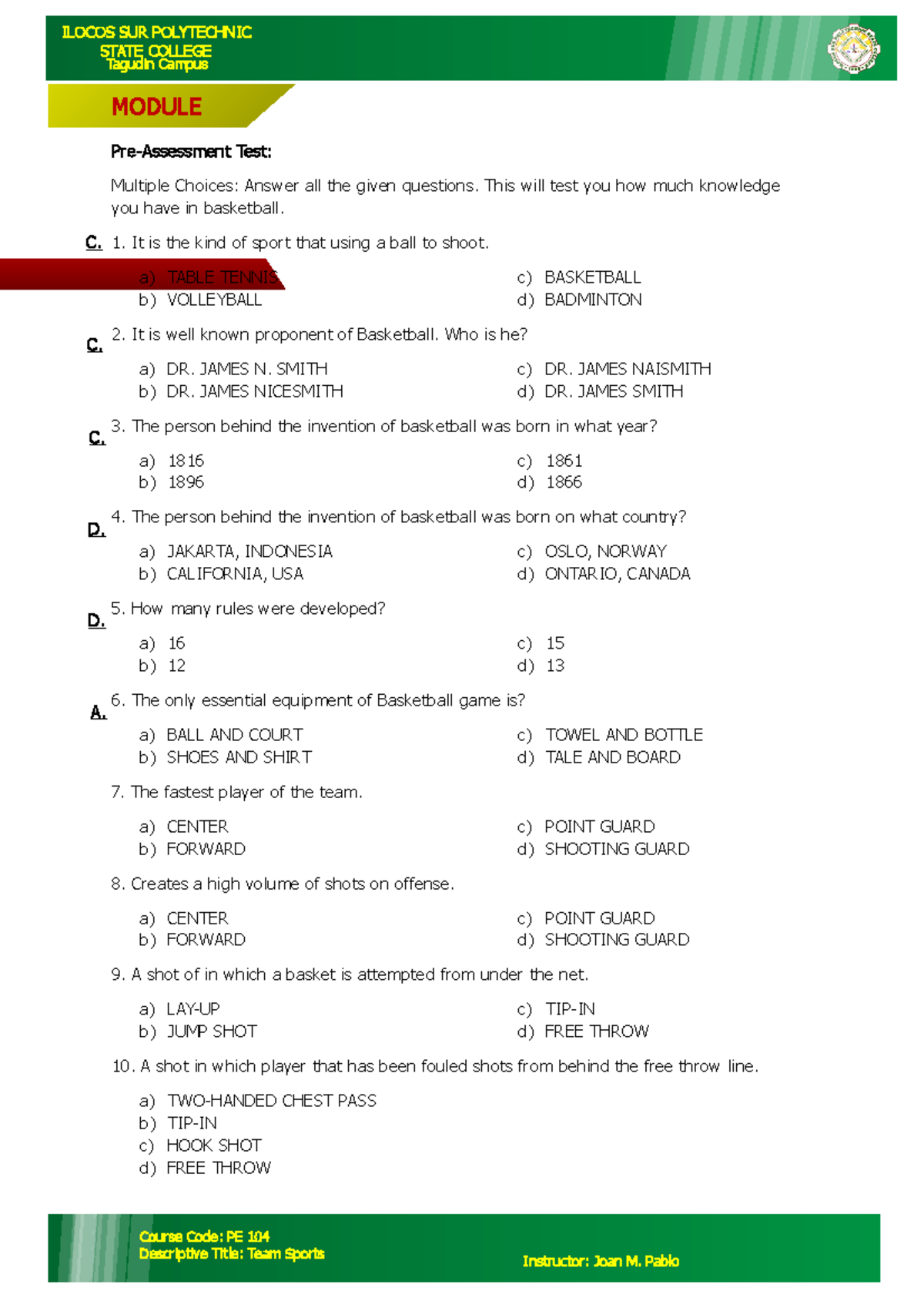 PE 104 - Week 1&2 Basketball Pre-Assessment and Activities - Studocu