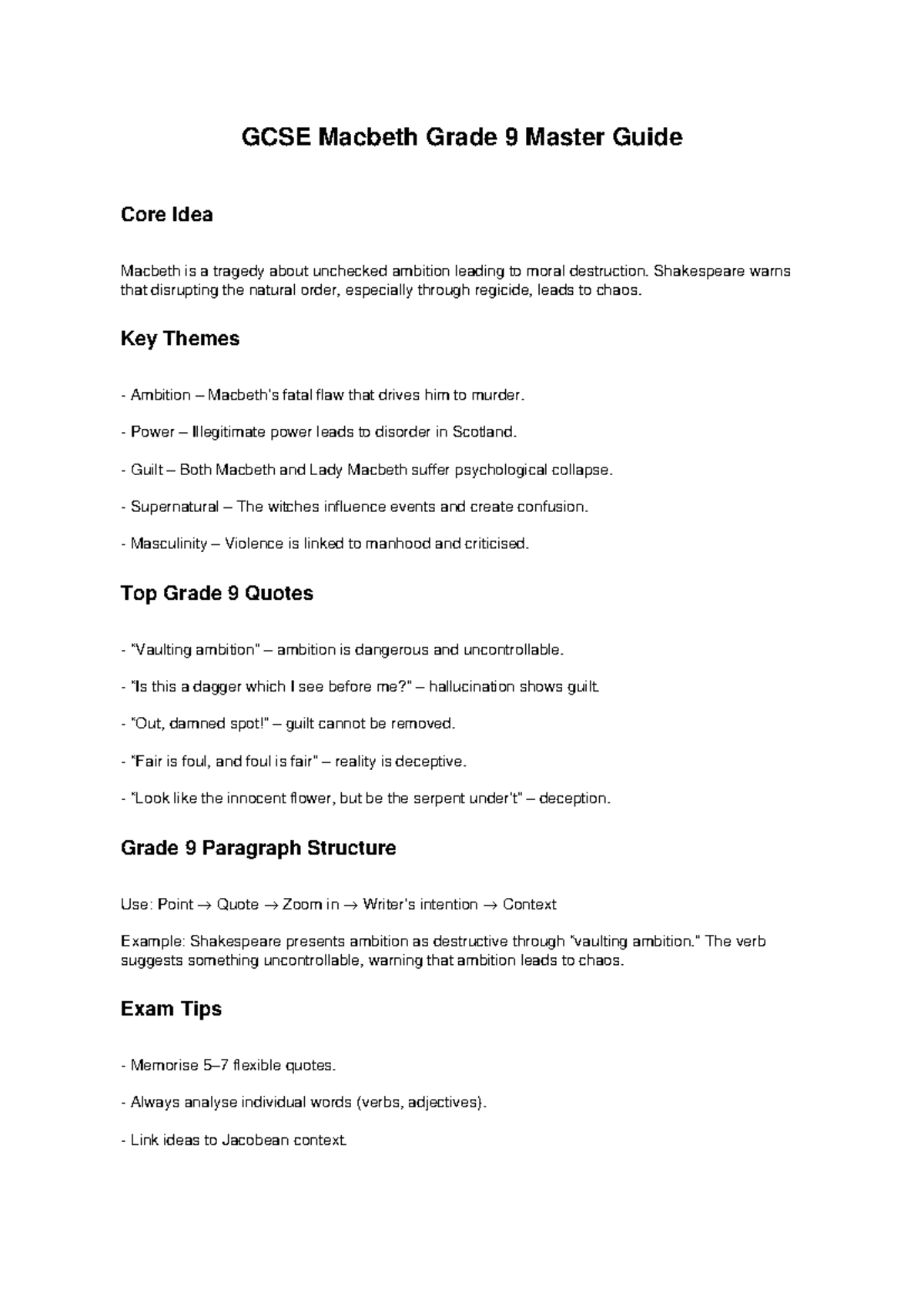 GCSE Macbeth Grade 9 Master Guide: Themes & Analysis - Studocu