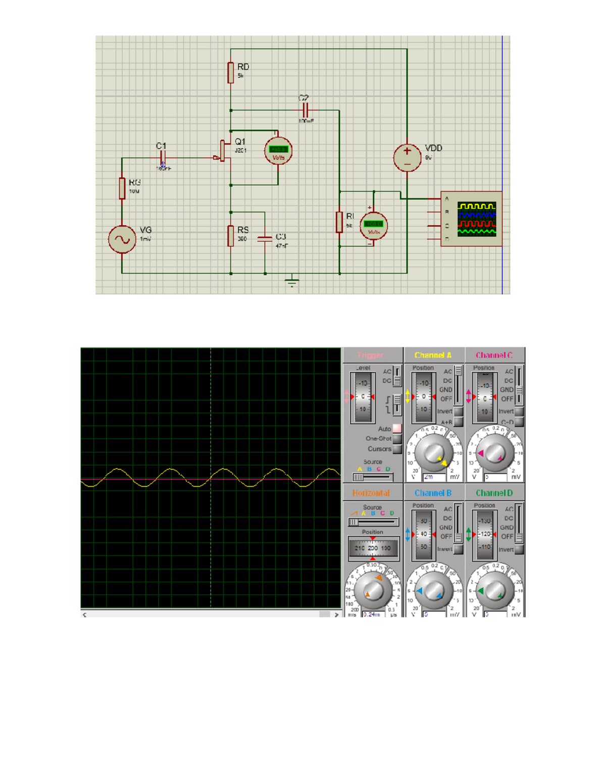 Simulaciones en proteus - RD 5k C2 160nF Q1 C1 J201 VDD Volts 9V 4 ...