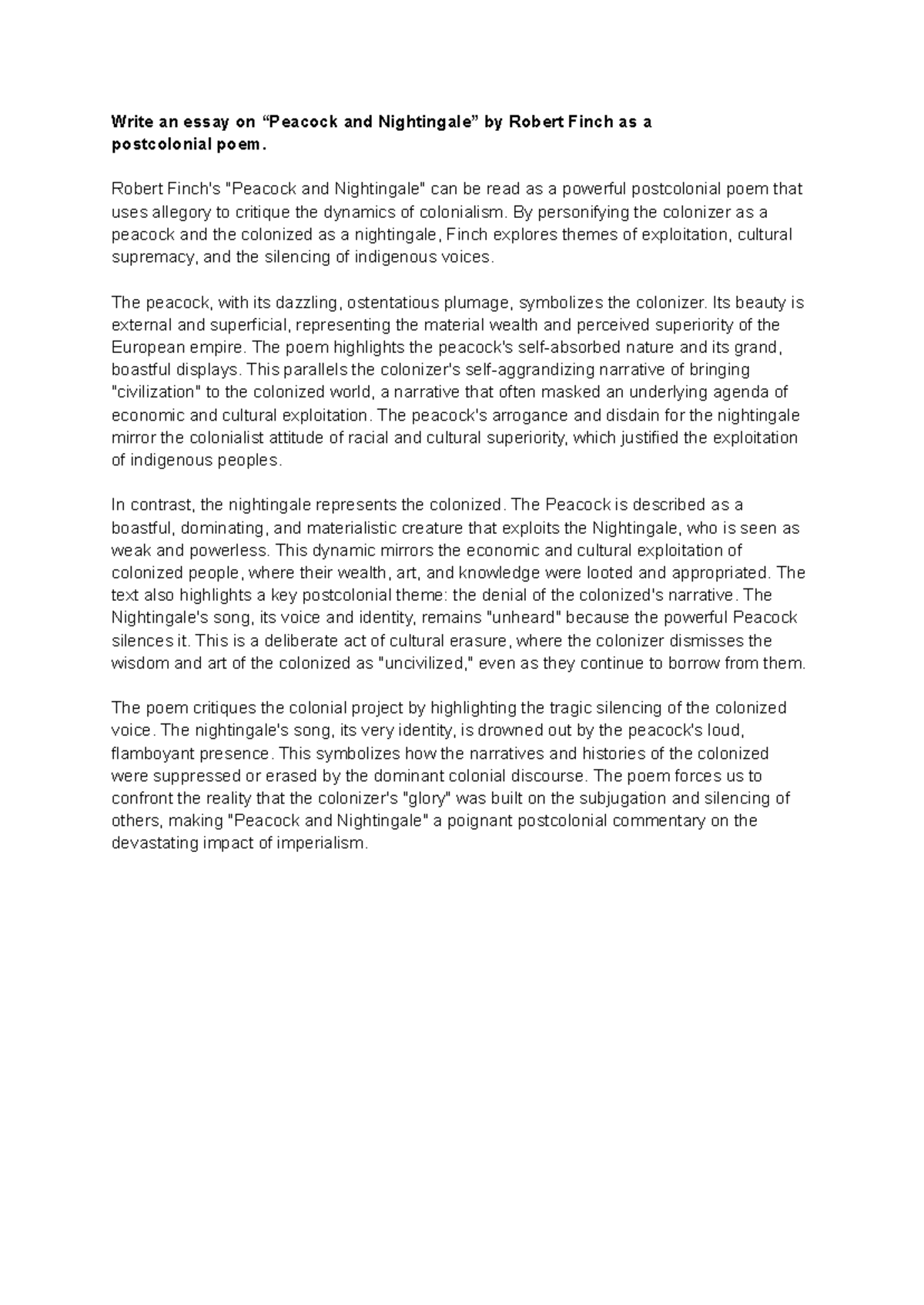 Essay on Robert Finch's "Peacock and Nightingale" as Postcolonial Poem ...