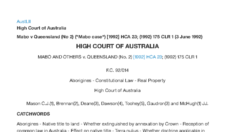 Mabo v Queensland (No 2) HCA (1992) - High Court Decision Analysis ...