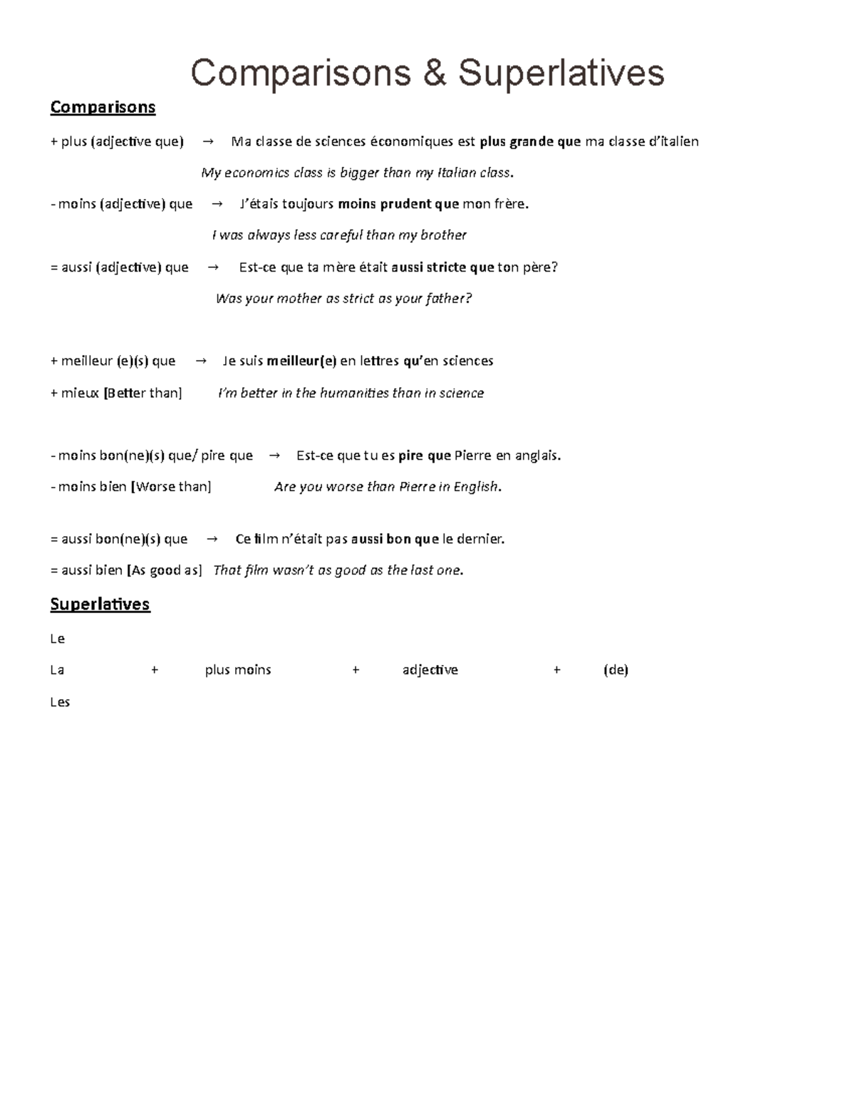 Comparisons & Superlatives in French: A Guide to Adjectives - Studocu