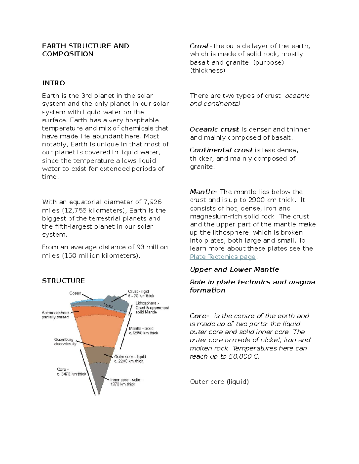 Earth Structure and Composition: Layers and Characteristics - Studocu