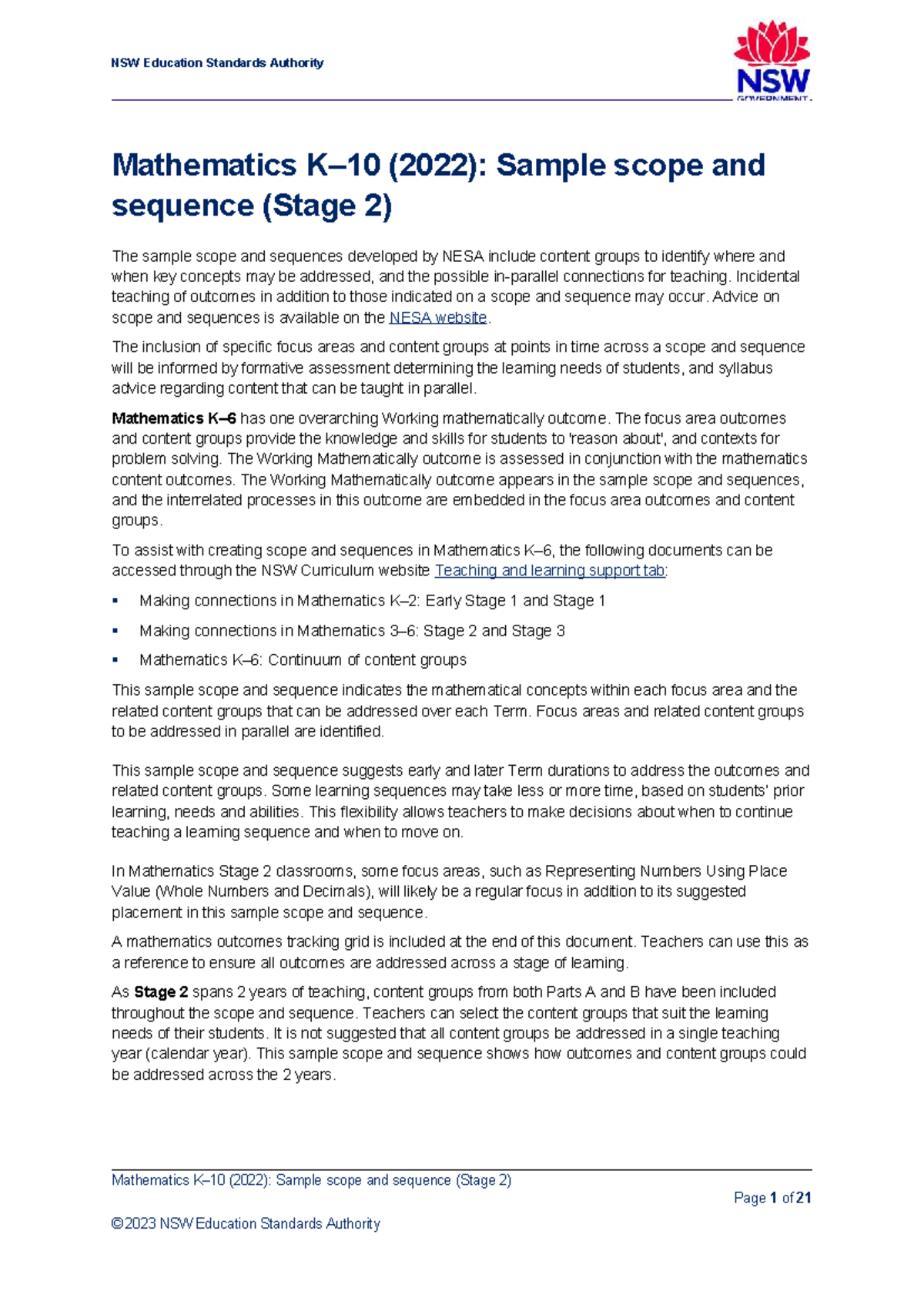 Mathematics K–10 (2022): Stage 2 Sample Scope & Sequence Analysis - Studocu