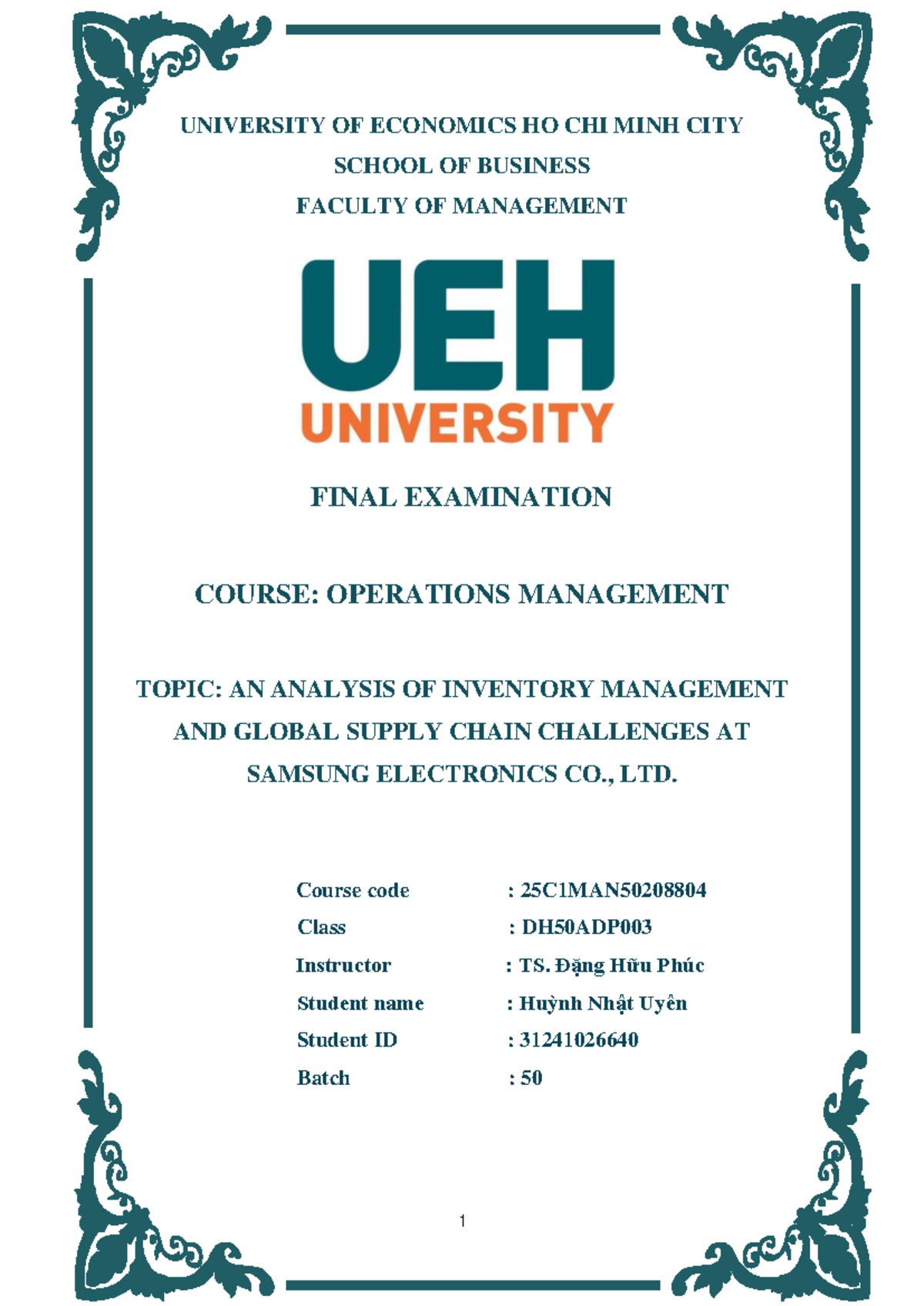 Final Exam: Operations Management - Inventory & Supply Chain Analysis ...