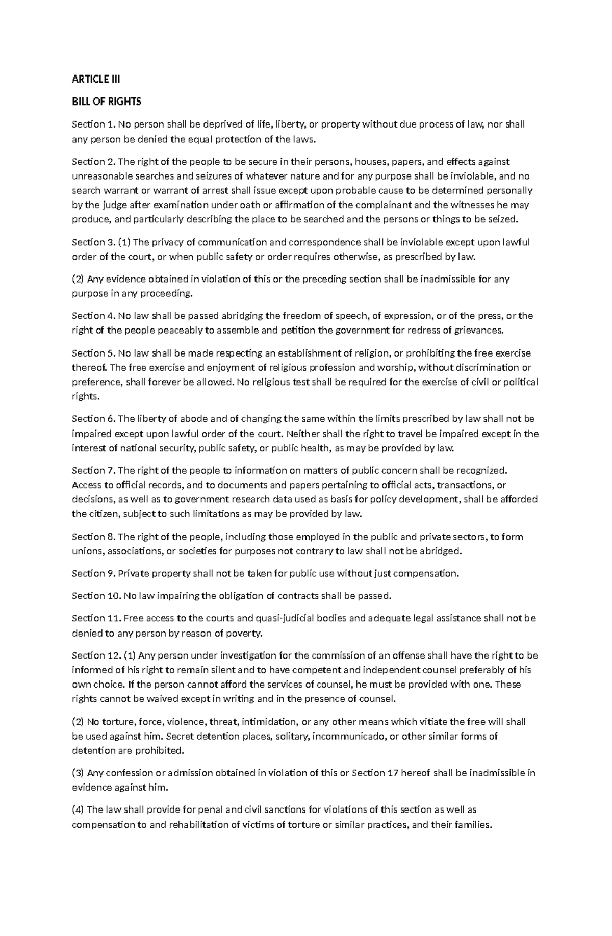 Article III - Bill of Rights: Key Provisions and Protections - Studocu