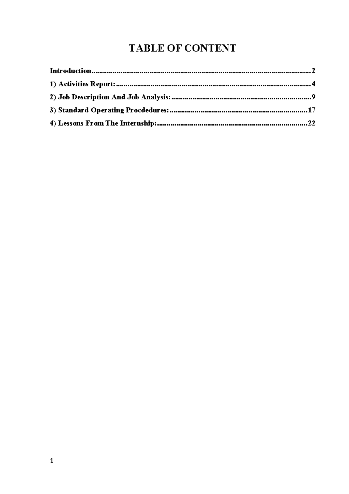 Intership report - sadas - TABLE OF CONTENT - Studocu