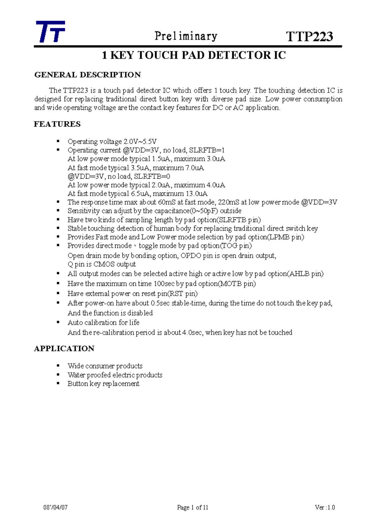 TTP223 Preliminary Touch Pad Detector IC Overview and Features - Studocu