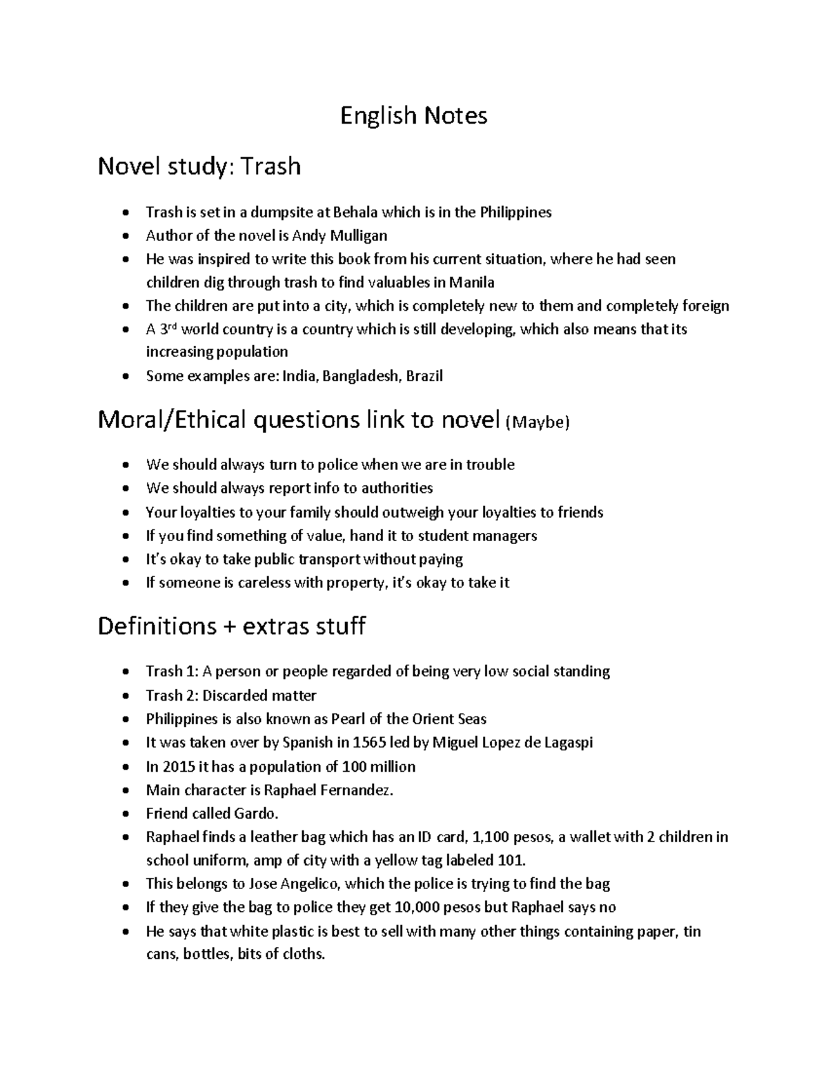 English Notes: Novel Study on "Trash" and Related Concepts - Studocu