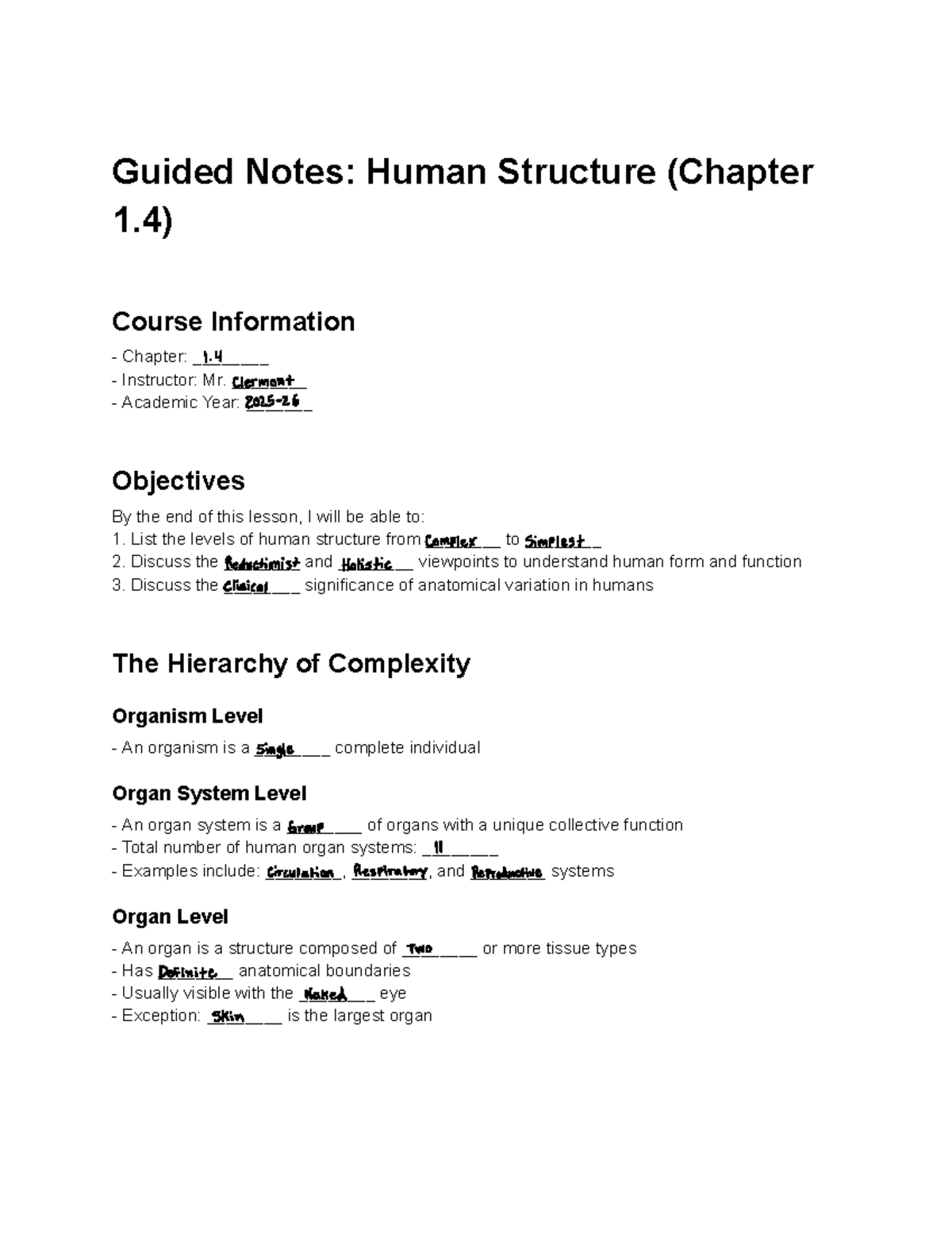 Guided Notes: Human Structure Overview (Chapter 1.4) - Studocu
