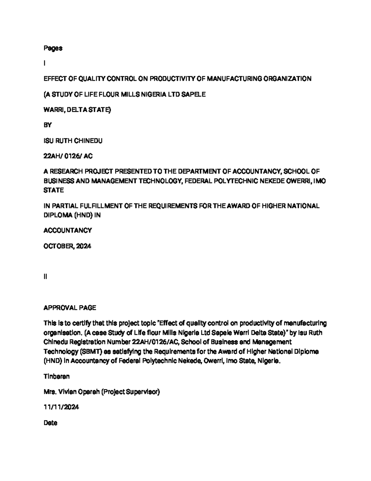 Effect of Quality Control on Productivity: A Case Study of Life Flour ...