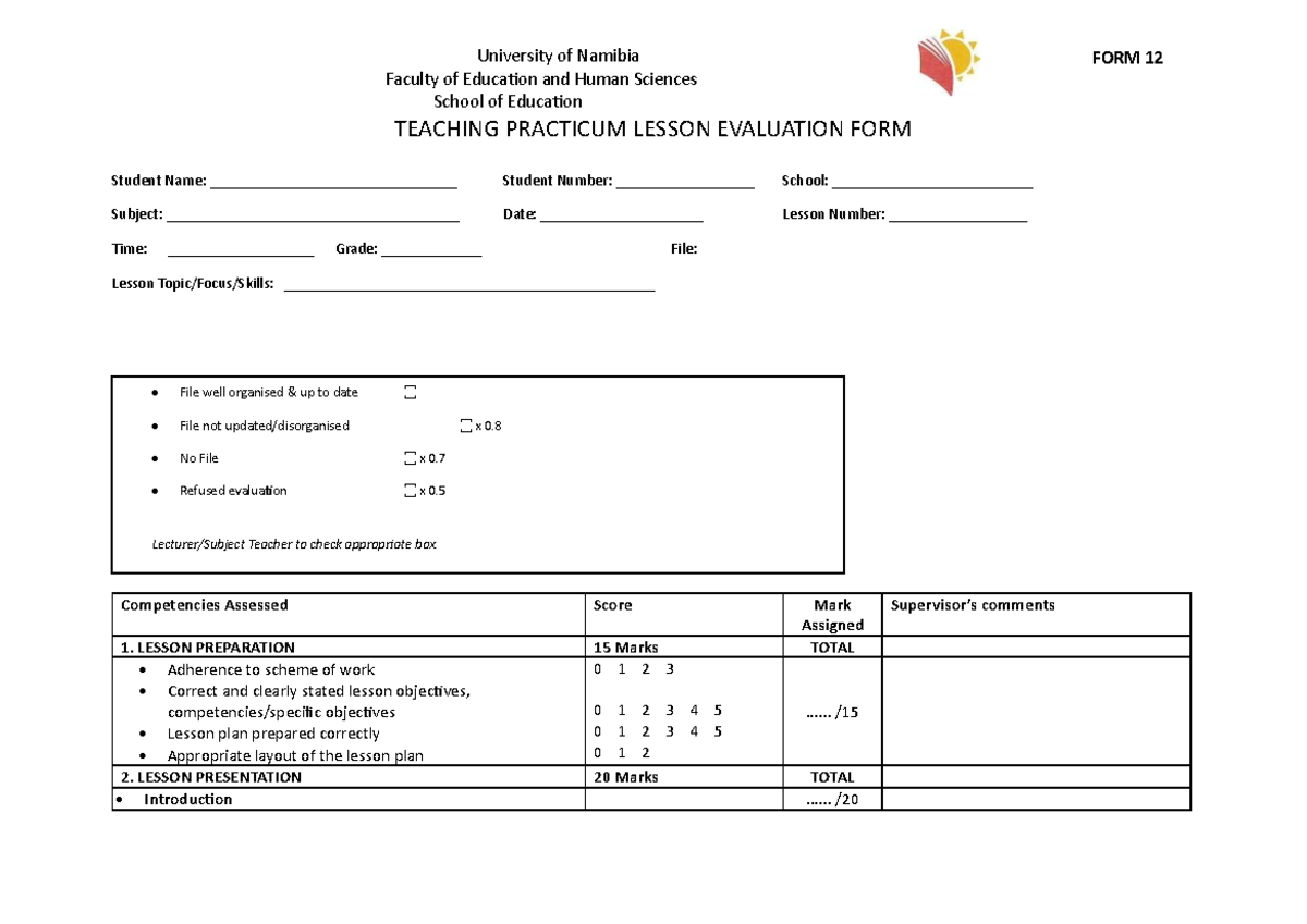 FORM 12: Teaching Practicum Lesson Evaluation Form - UNAM - Studocu