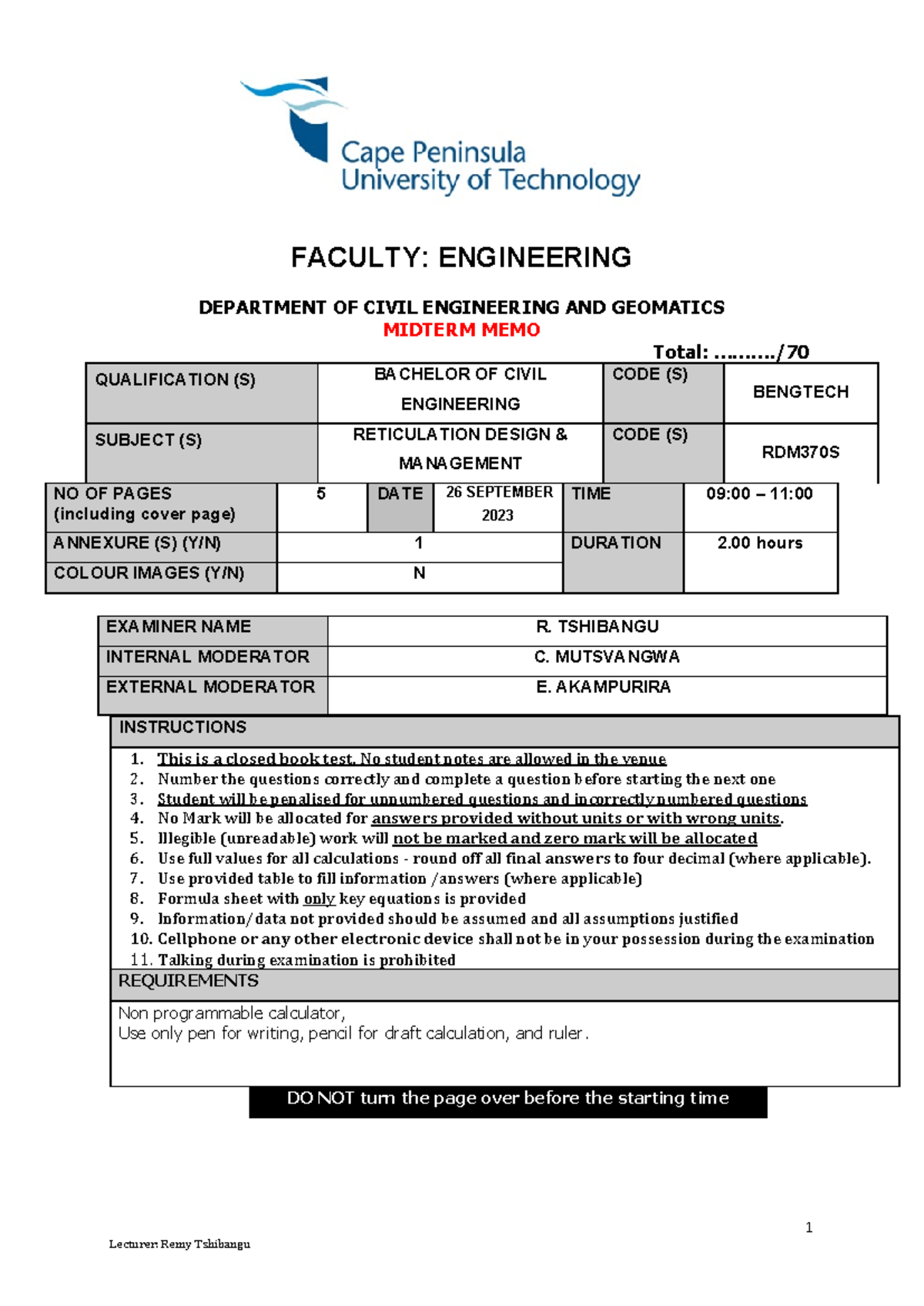 Midterm Memo for RDM370S: Reticulation Design and Management (2023) - Studocu