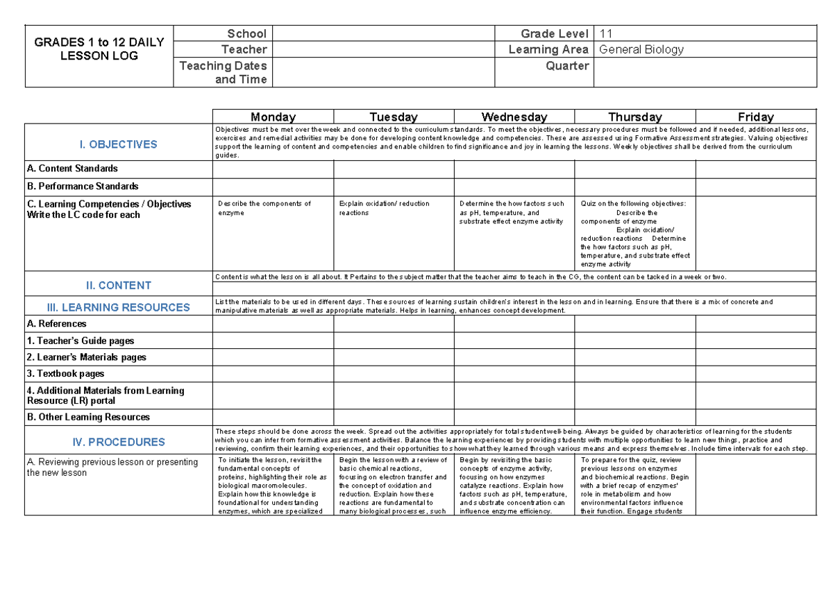 Grade 11 General Biology Daily Lesson Log: Enzyme Activity & Redox ...