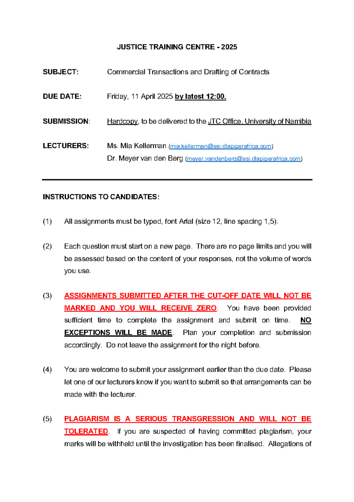 Commercial Transactions & Legal Drafting Assignment - JTC 2025 - Studocu