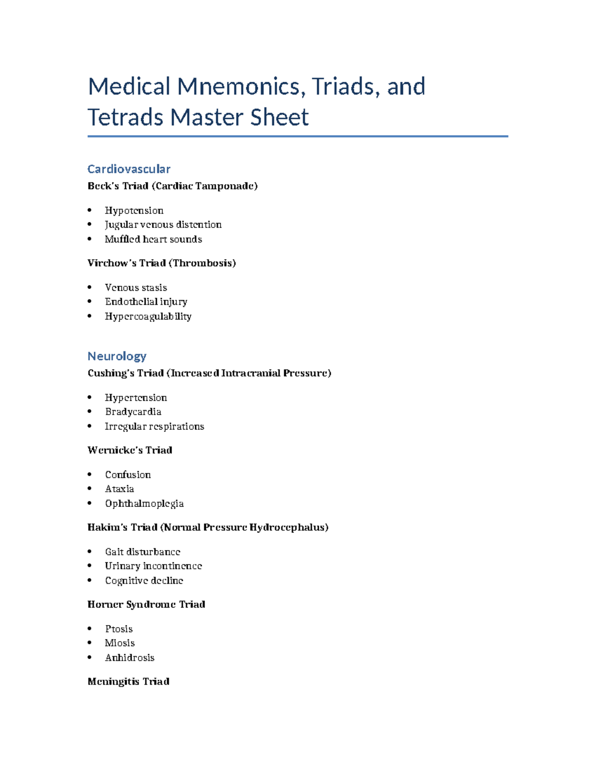 Medical Mnemonics: Cardiovascular & Neurology Triads/Tetrads Guide ...