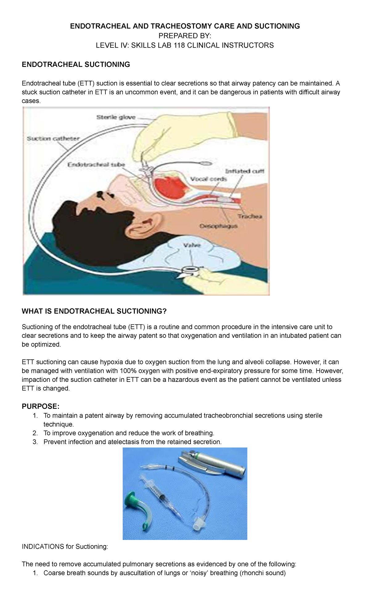 ETT & Tracheostomy Care: Level IV Skills Lab Guide - Studocu