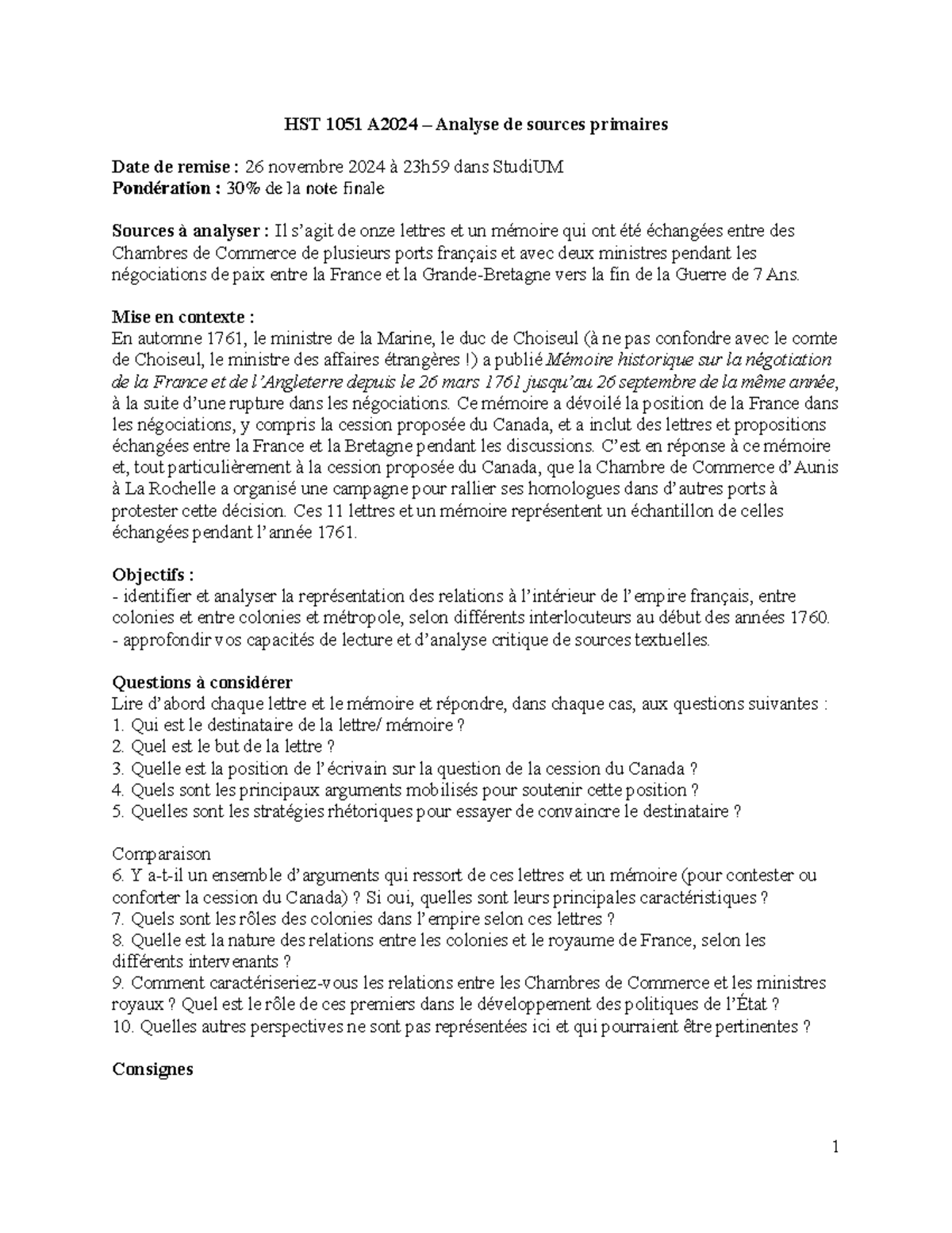 Analyse de sources primaires consignes - 1 HST 1051 A2024 – Analyse de ...