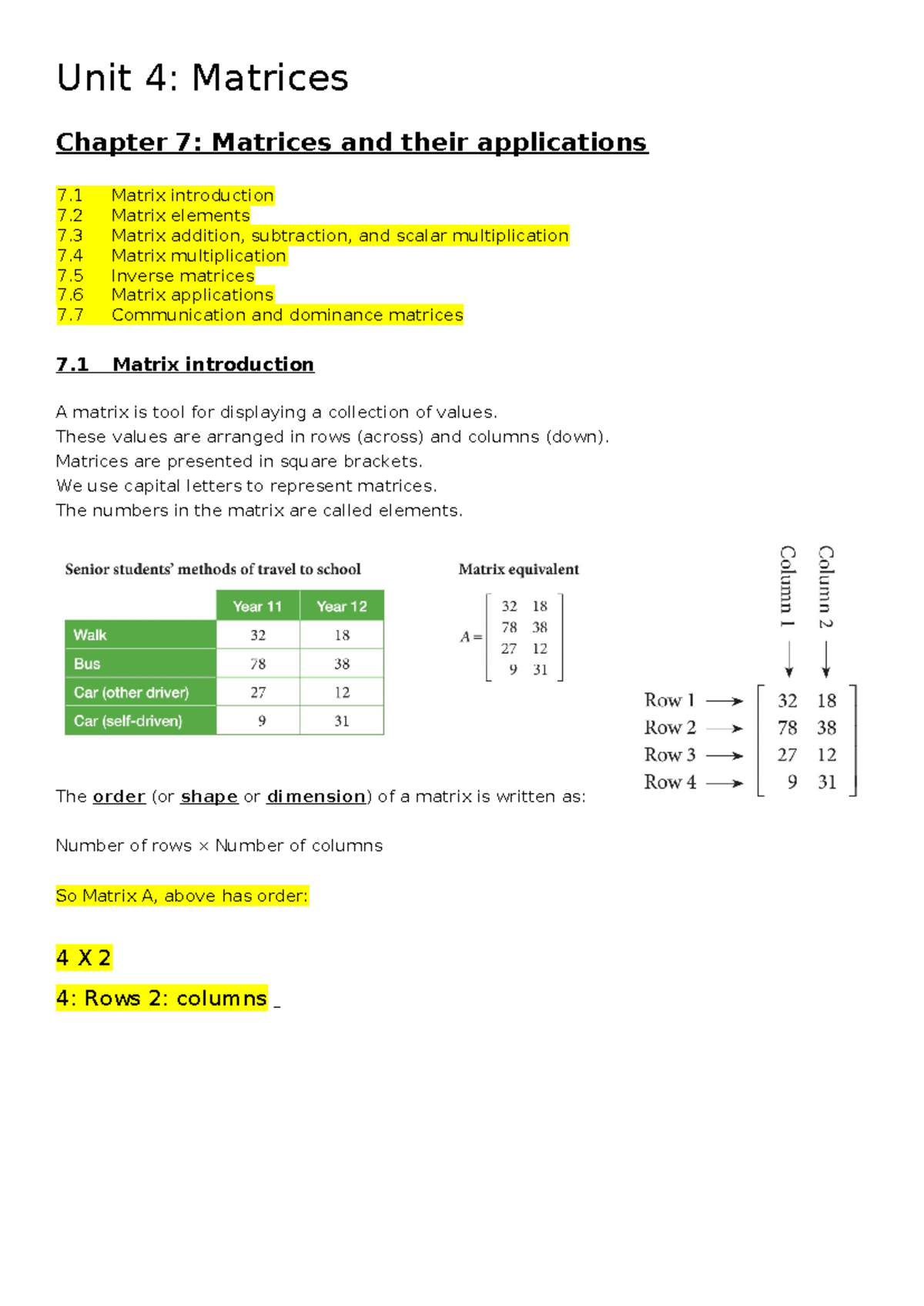 Chapter 7: Matrices and Their Applications - Unit 4 Notes 2025 - Studocu