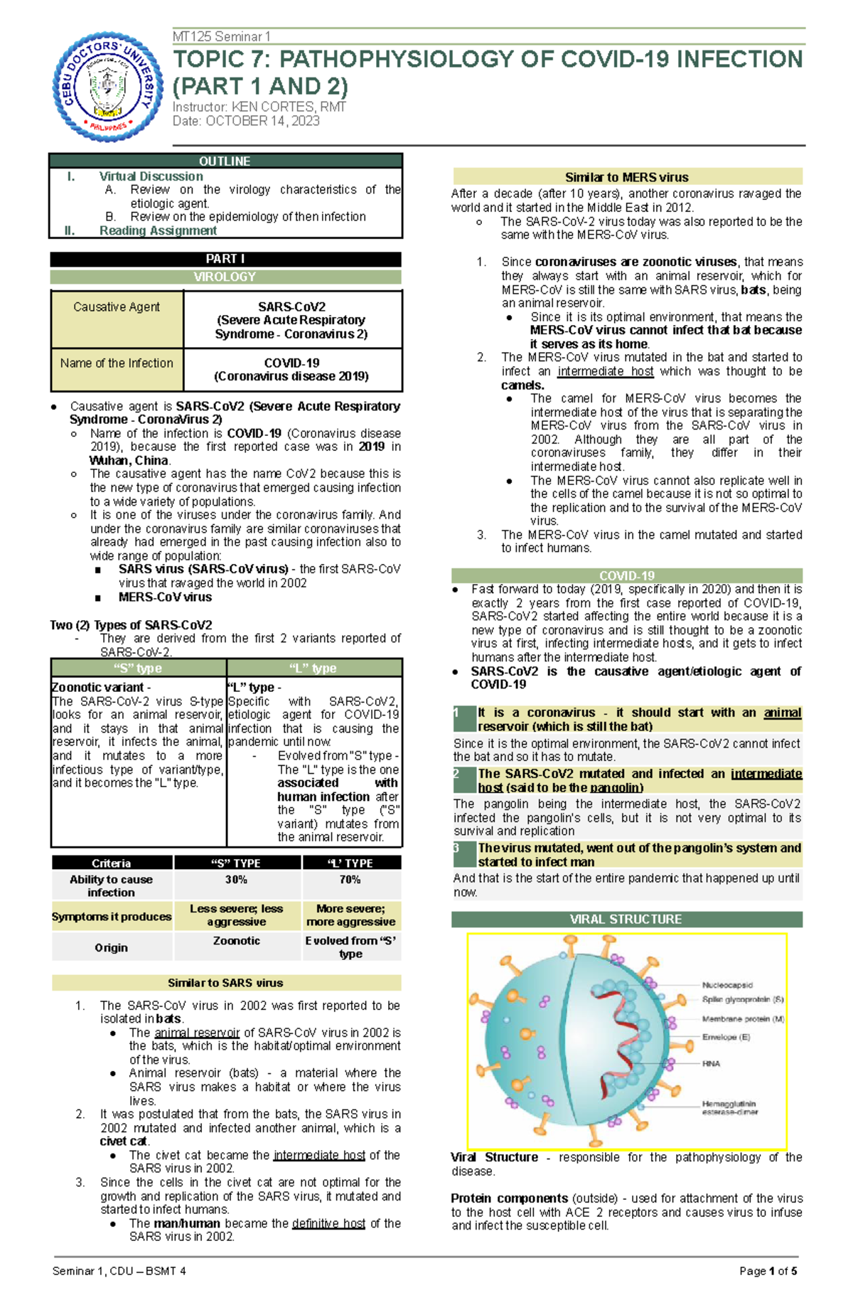 Lec 7 Pathophysiology of Covid 19 Infection Part 1 and 2 - MT125 Seminar 1 TOPIC 7 ...