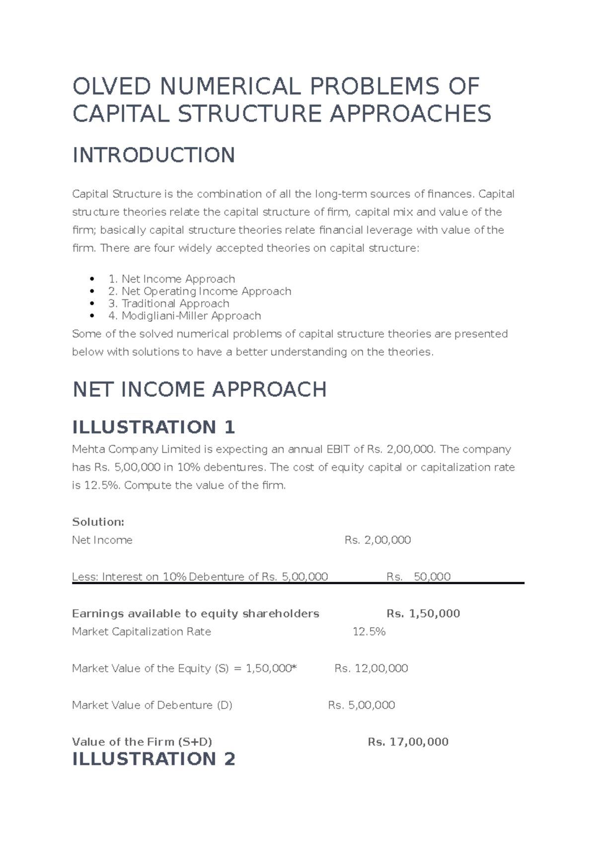 Capital Structure Theories: Solved Numerical Problems (FIN 101) - Studocu